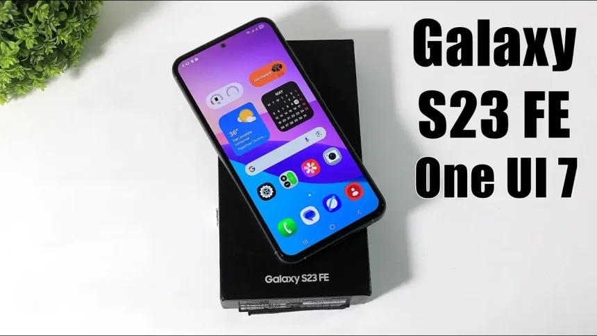 Samsung Galaxy S23 FE smartphone in Graphite displayed at a 45-degree angle, showcasing its vibrant 6.4-inch AMOLED screen, triple rear camera setup, and sleek metal-and-glass design.